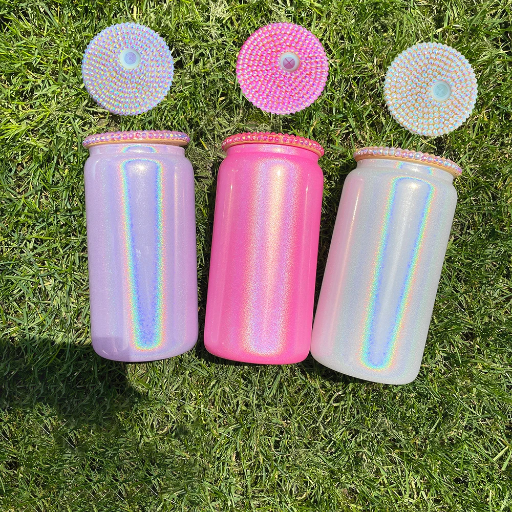 15oz 16oz Bling Lid Holographic Shimmer White Glitter Sublimation Blank Iridescent Ombre Glass