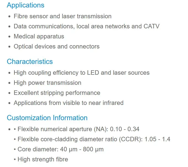 Step Index 105um Silica Multimode Specialty Fiber for Telecom