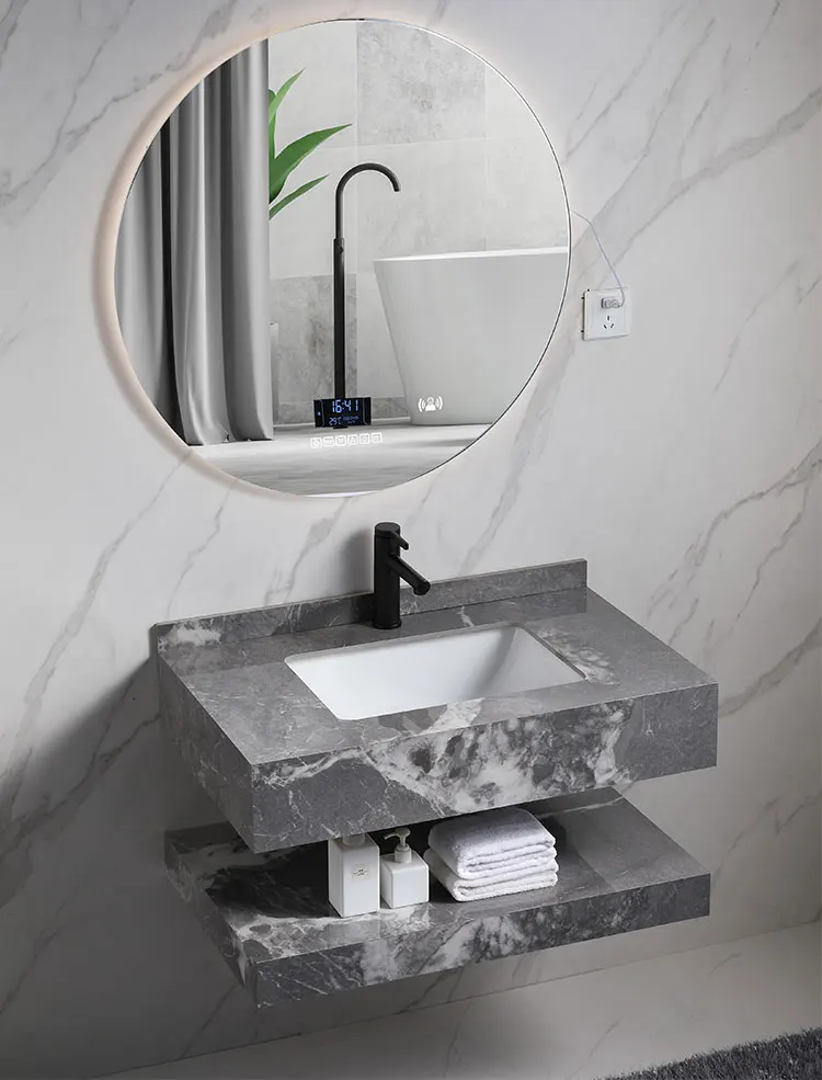 European Grey Marble Floating Bathroom Vanity Sink Cabinet ...