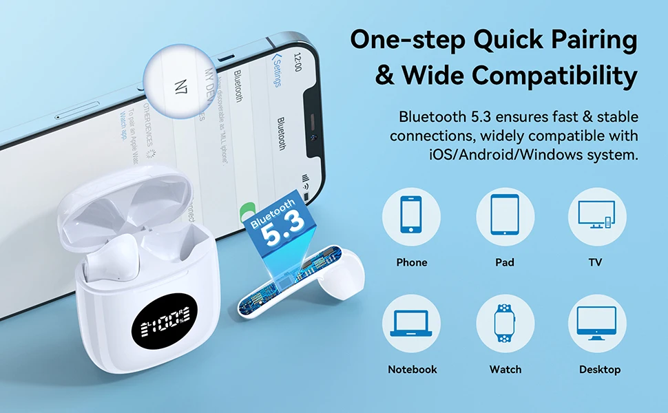 Fast Pairing TWS 5.3 Stereo Wireless Earbuds - IPX-5 Waterproof