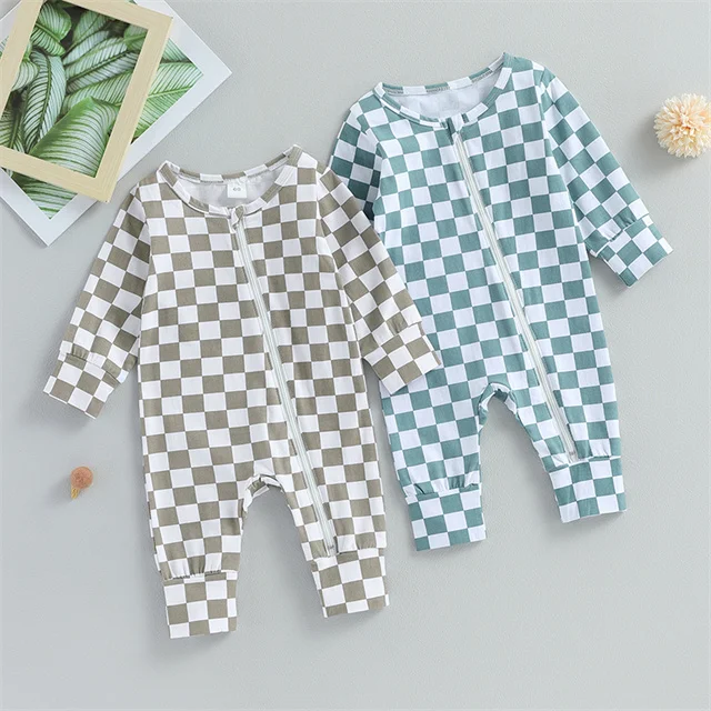Newborn Baby Zipper Checkerboard Print Long Sleeve Infant Boy Clothes ...