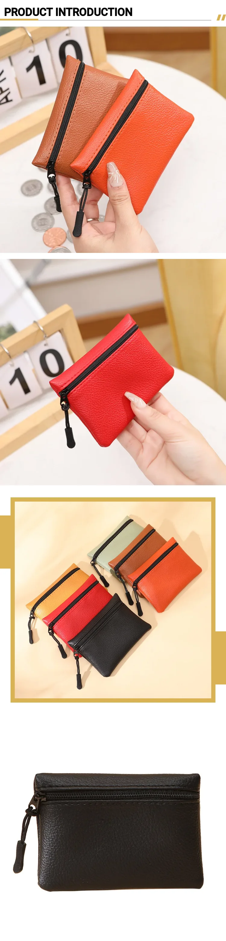 2024 New Lychee Pattern Zipper Coin Purse Solid Color Pu Soft Leather ...