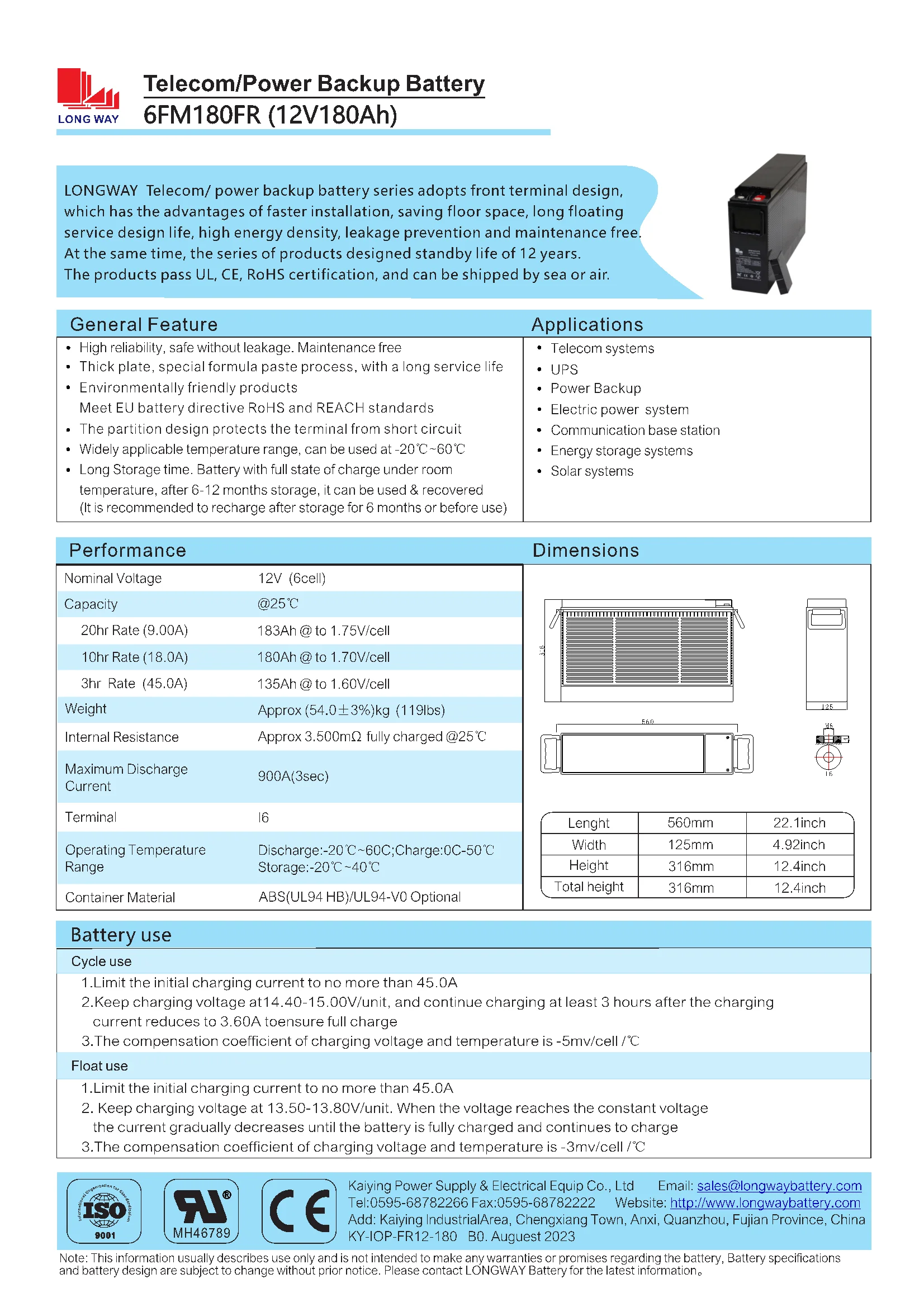 LONGWAY High Quality 12V180Ah 6FM180 Standby Series GEL Battery Backup ...