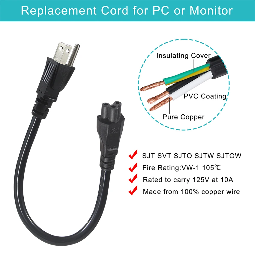 6Ft Power Us 3 Pin Plug to Iec 320 C5 Clover Leaf Lead Cable Ac ...