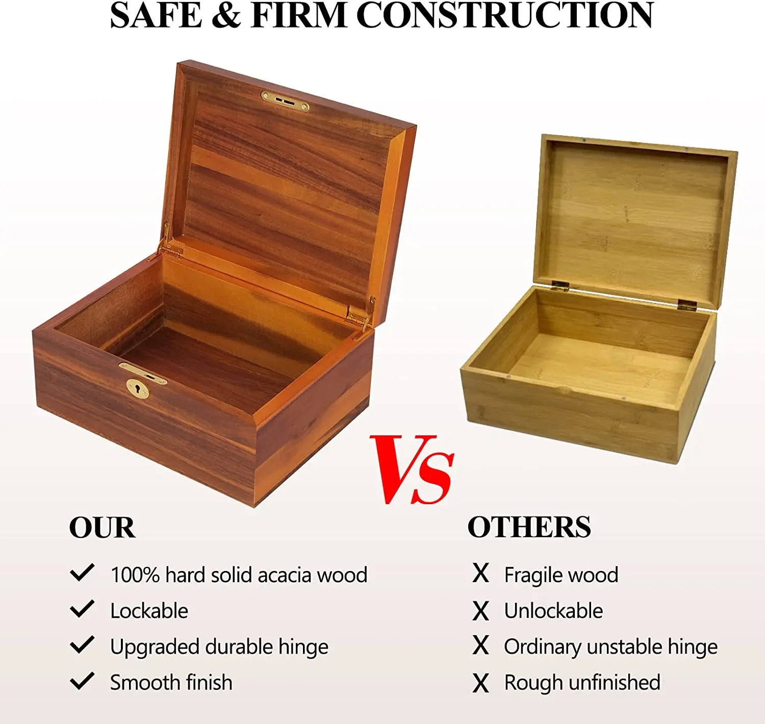 Large Wooden Box With Hinged Lid Solid Acacia Wood Storage Box With ...