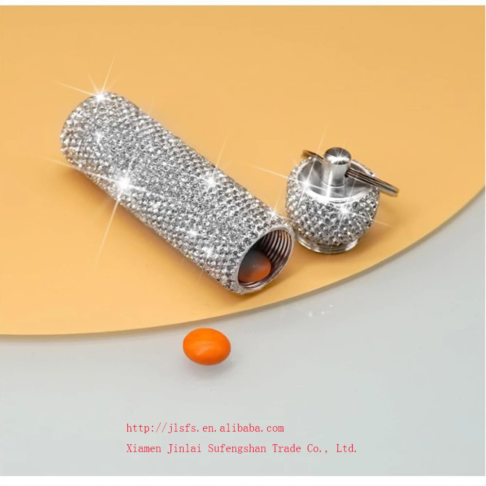 Aluminum Pill Box Rhinestone Keychain Crystal Portable Jewelry Holder ...