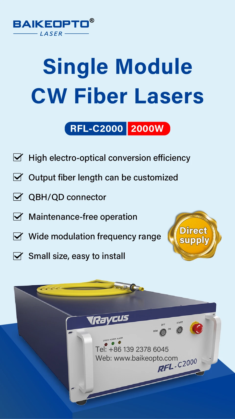 2000W Single Module CW Fiber Laser Source for Fiber Laser Cutting ...