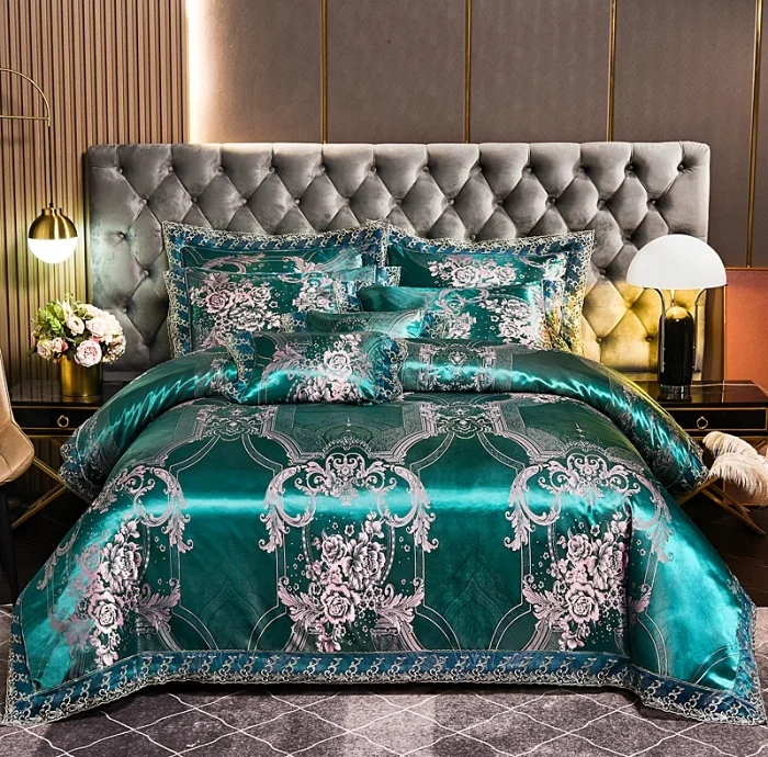 Luxury Floral Pattern Lace Silk-like Bedding Sets Green Palace Jacquard ...