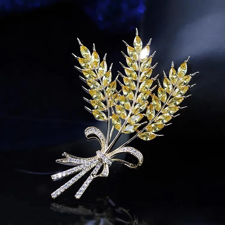 Luxury Wheat Brooch Jewelry Crystal Wheat Bow Brooch Pins Cute Yellow ...