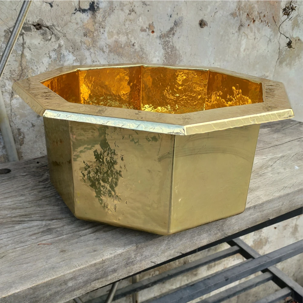 Handmade Octagon Shaped Hand Hammered Gold Color Brass Sink