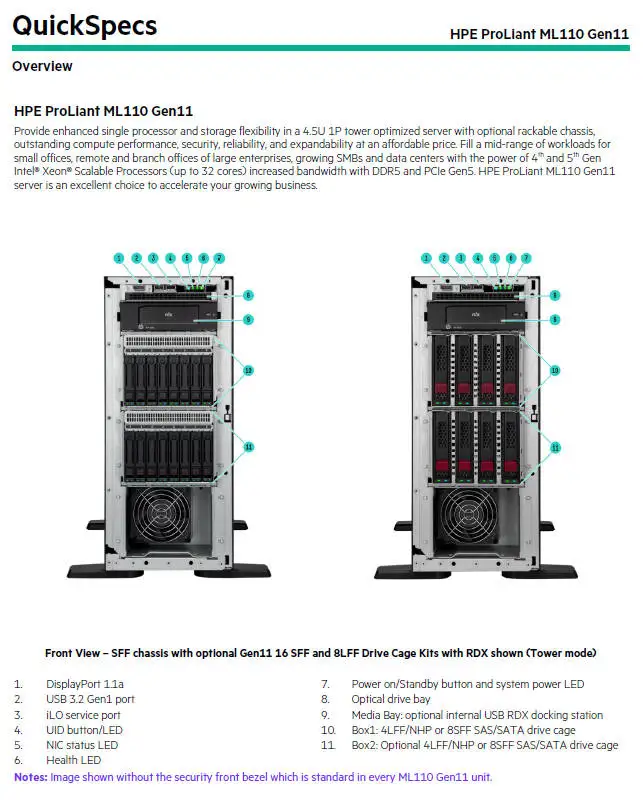 HPE Proliant ML110 Gen11 Tower Server - Intel Xeon Power