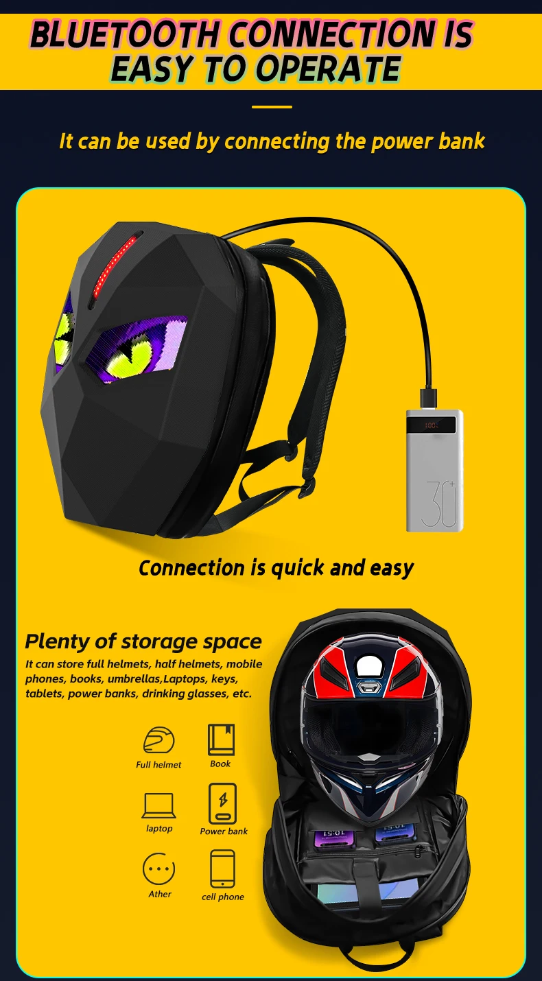 APP LED Knight Motorcycle Bag Backpack Luminous Writings Eyes LED Light ...