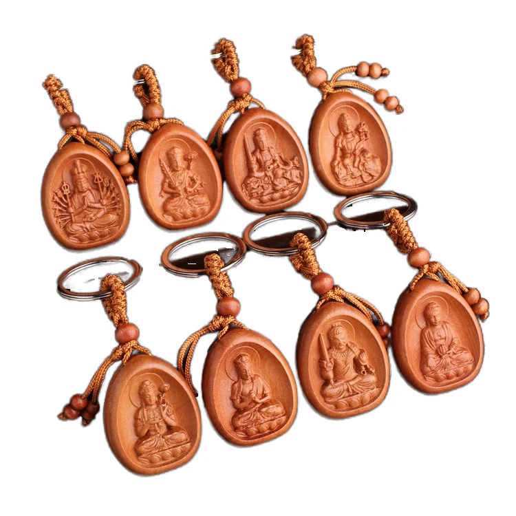 Wood Keychain Kwan-yin Buddha Feng Shui Amulet Accessories Metal Key ...