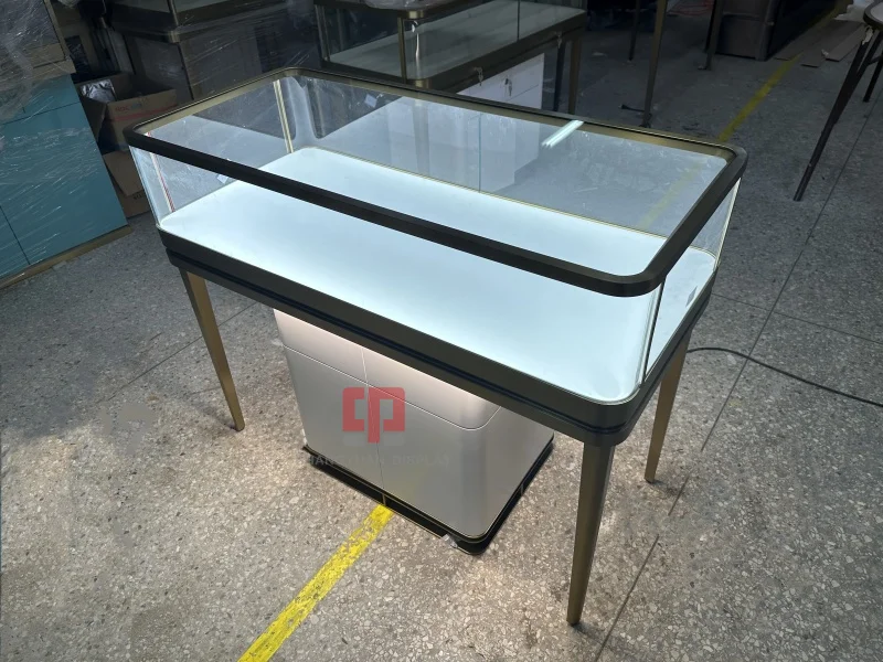 Elegant White Wooden Jewelry Display Showcase Tempered Glass Rounded ...