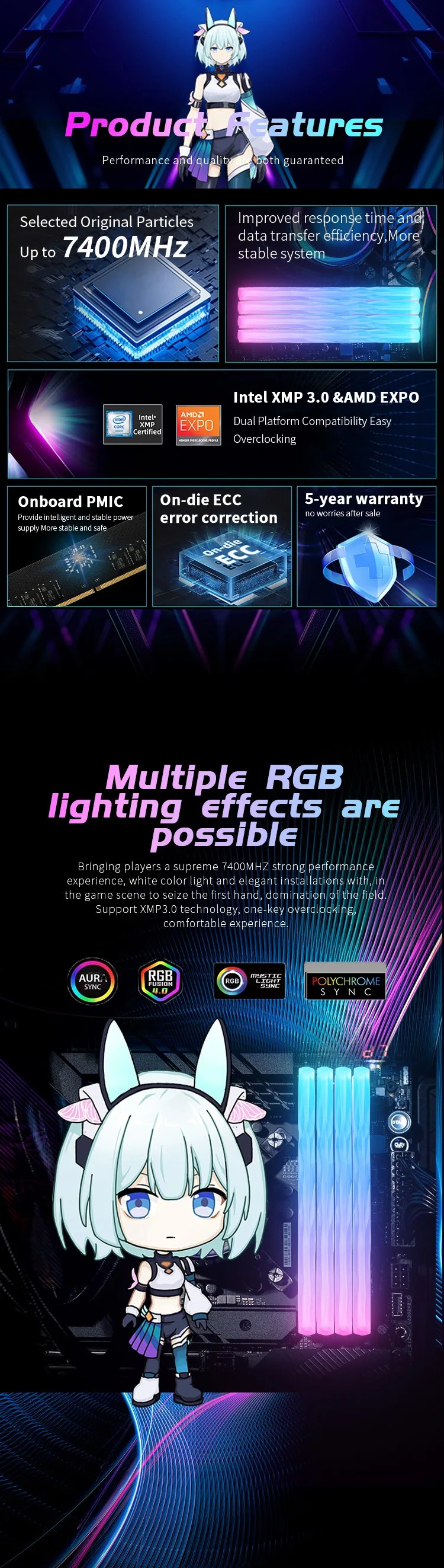 High Performance RGB RAM DDR4 DDR5 8G/16G/32G Memory with 2666/3200 MHz ...
