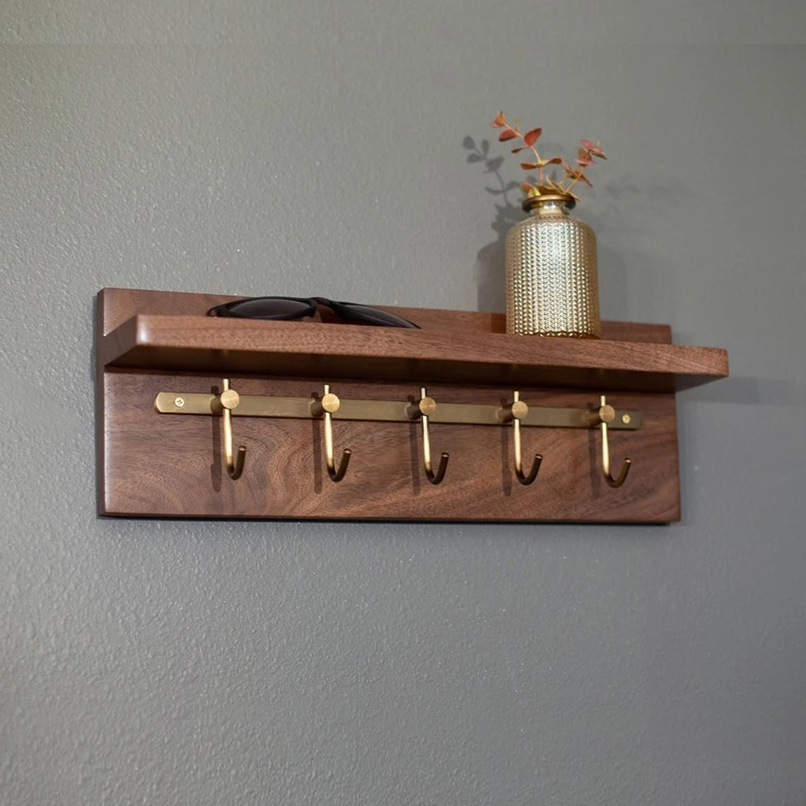 Custom Brown Color Wall Mounted Rustic Wood Entryway Storage Shelf With ...