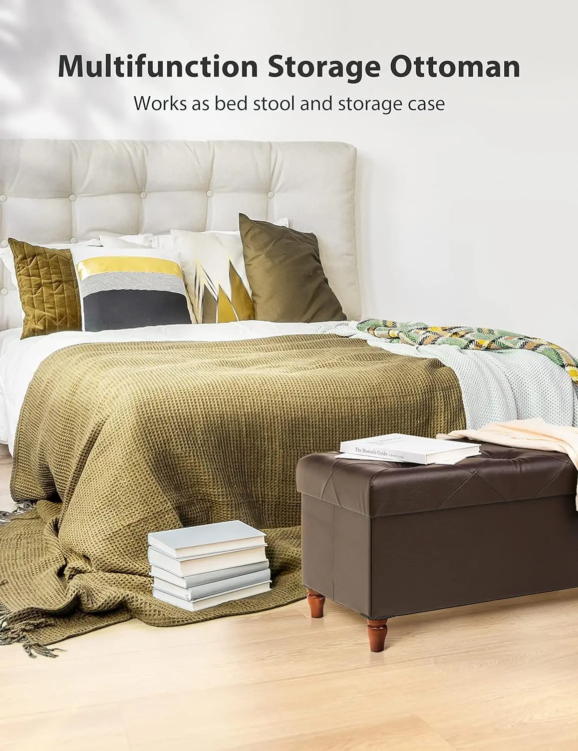 30 Inches Folding Storage Ottoman Bench With Wooden Legs,Ottoman With ...