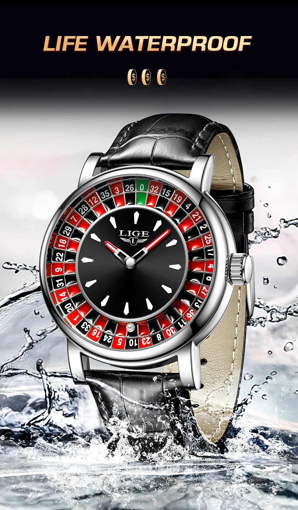 LIGE LG89161 Quartz Movement Roulette Watch - Luminous Mens Watch for ...
