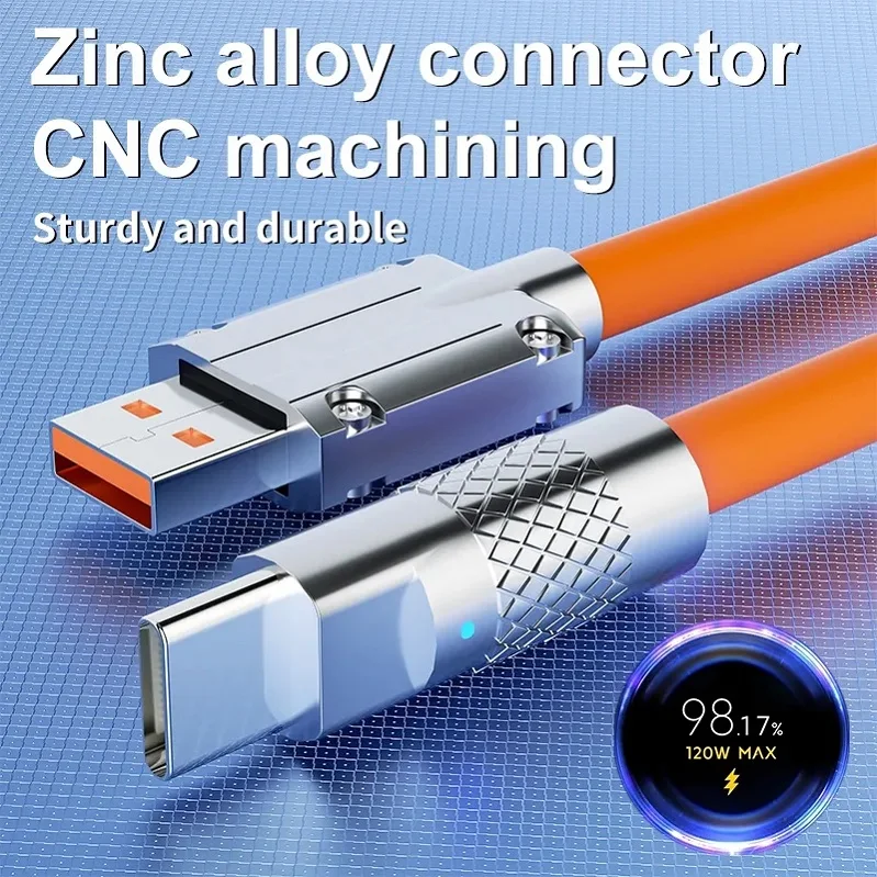 120W Super Fast Charging Metal Zinc Alloy Liquid Silicone Micro USB Type-C Data Cable for Mobile ...