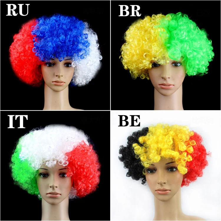 National Country Flag Colorful Afro Football Flag Fan Wig Short Curly ...