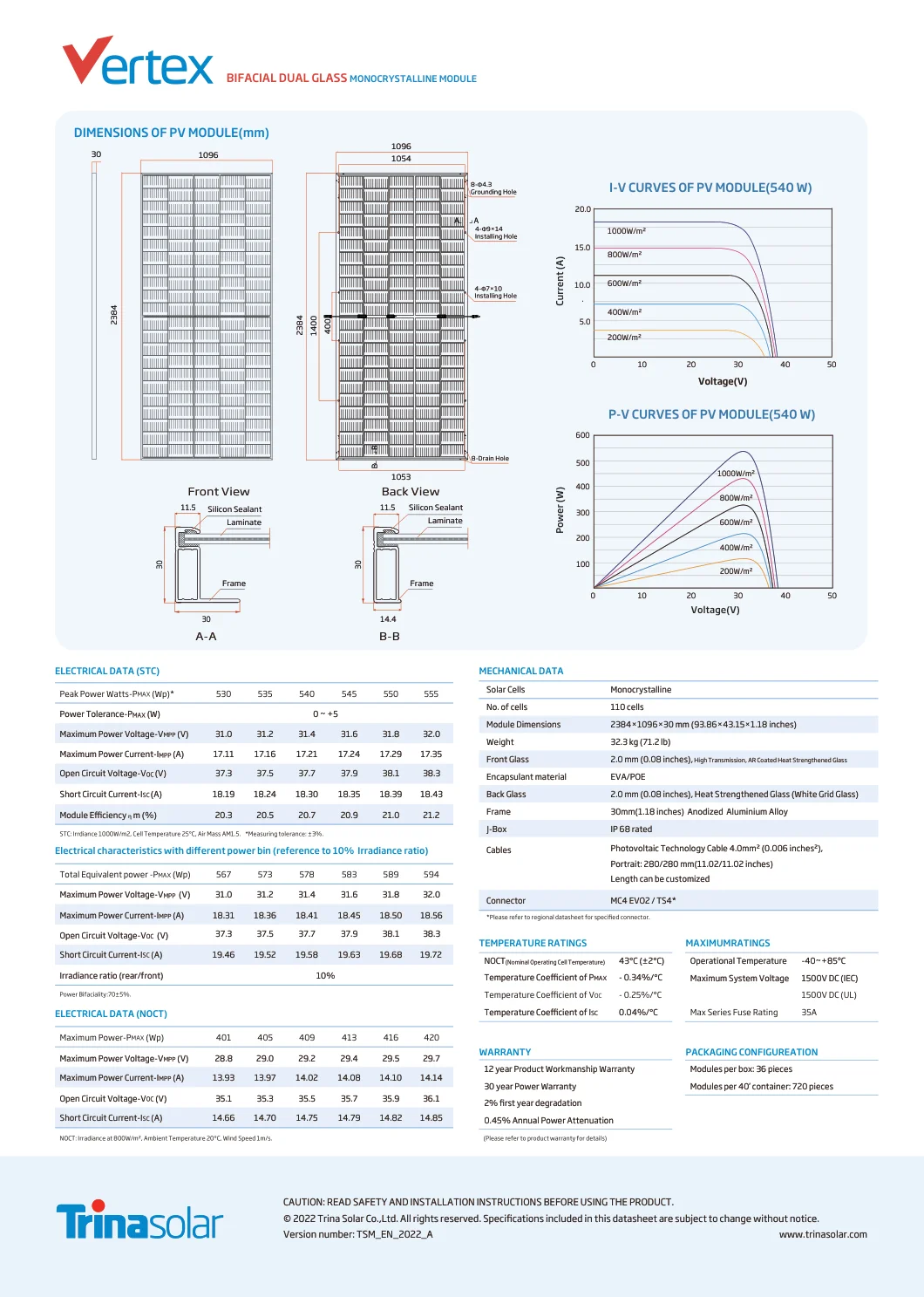 Trina Vertex Bifacial Dual Glass Monocrystalline Module Solar Panel 540 550w 555w - Buy Trina ...