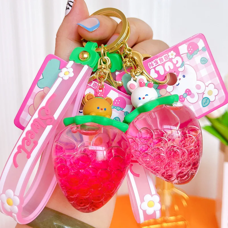 New Cute Acrylic Keyring Cartoon Keychain Ring Oil Floating Strawberry ...