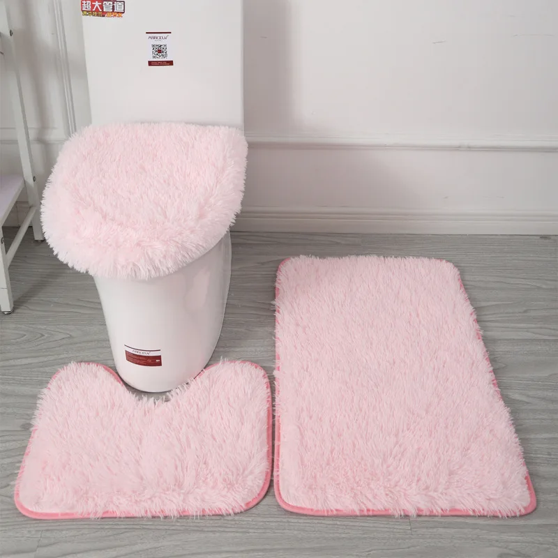 Plain Faux Fur Silk Wool Fluffy Mats Rug Bathroom Carpets Set 3 Pieces ...