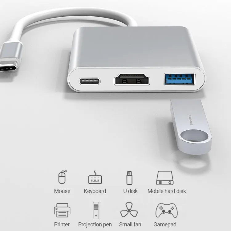 3in1 Usb-c 3 In 1 Port Computer Tv Pc Usbc 3.0 Adapter Phone Type-c ...