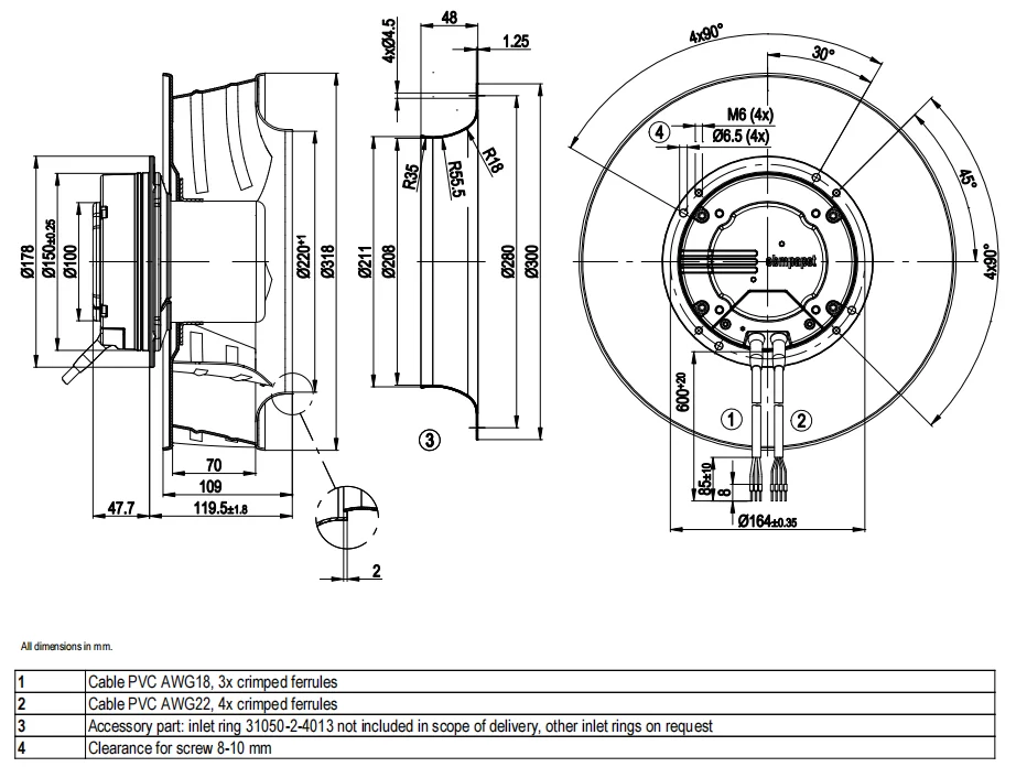 Ebmpapst R3G310-AN48-78 SK-R1-FAN1-F8 230V AC 4700RPM 310mm