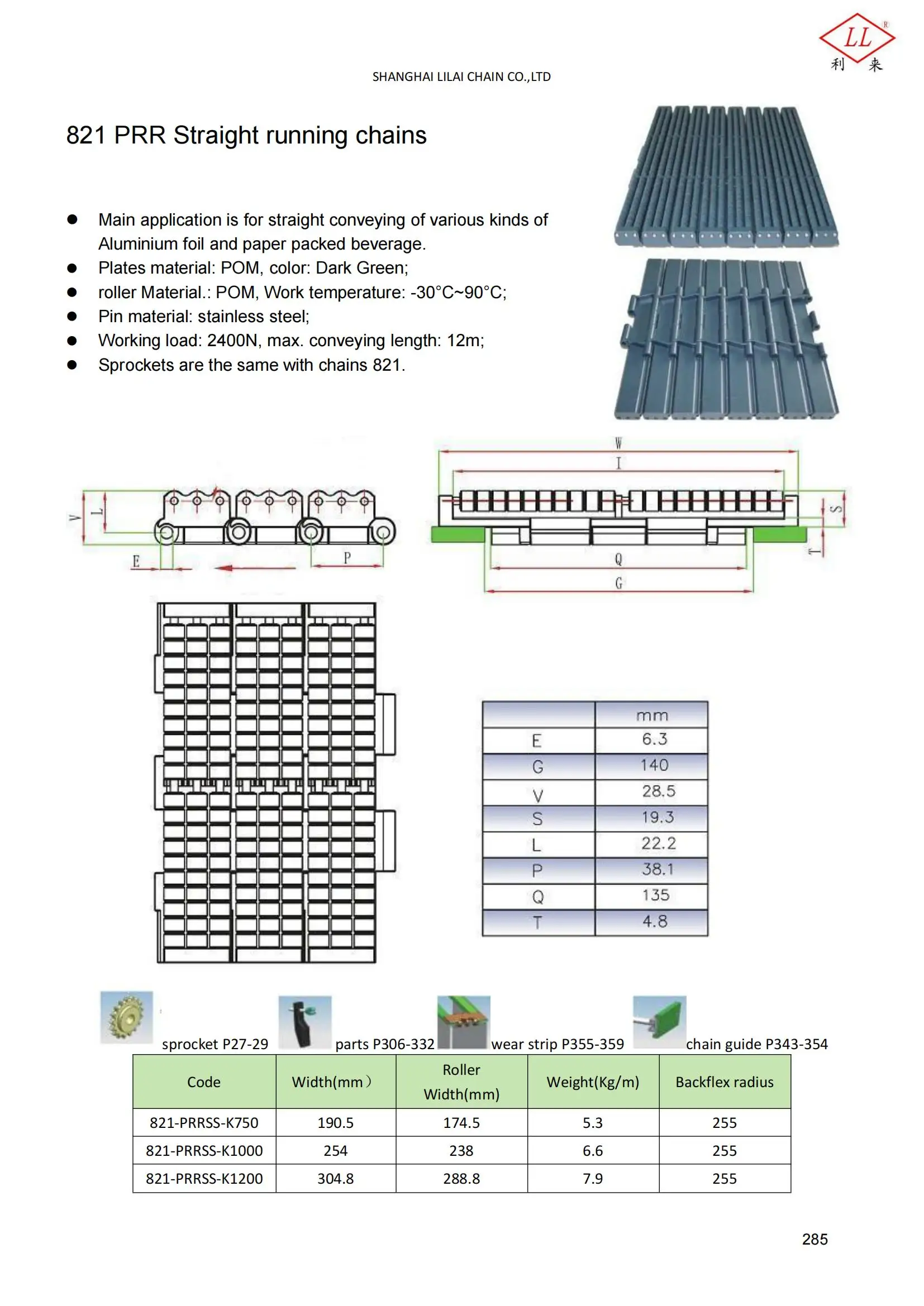 Low Back Plastic Conveyor Chain 821-Prrss-K750 for Transmission with ...