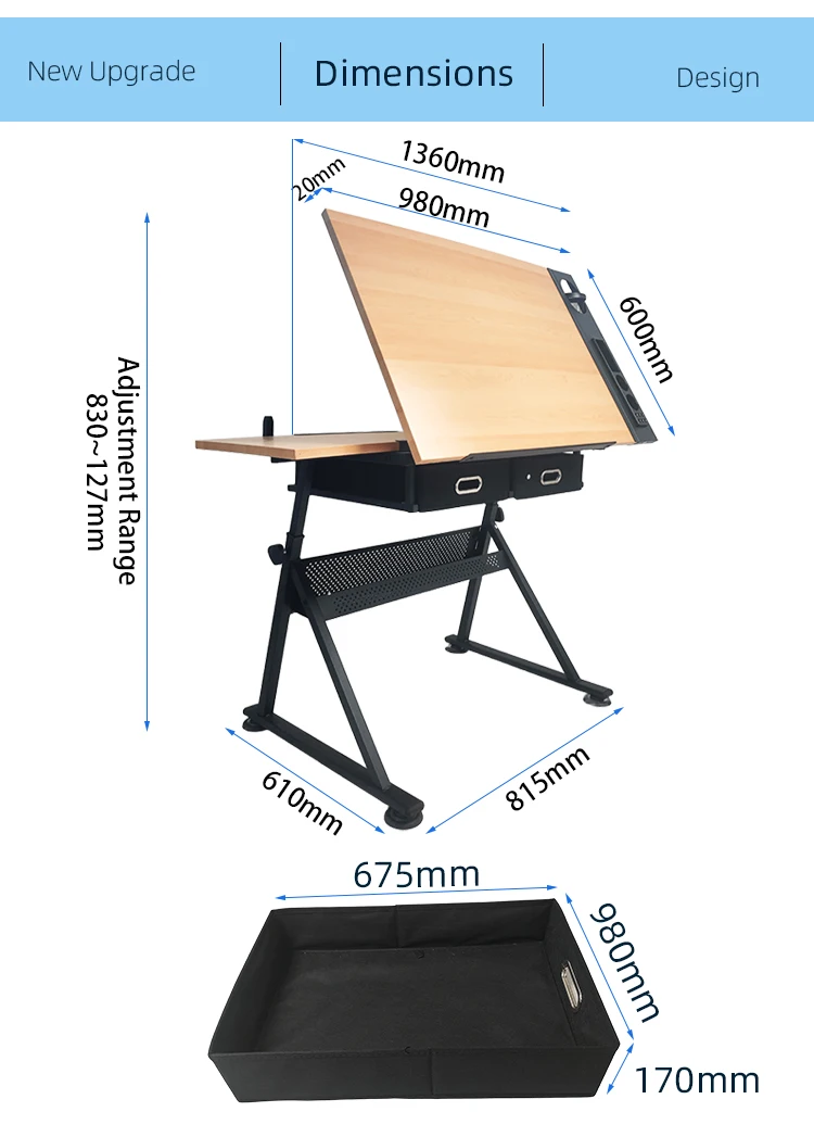 Adjustable Height Wooden Drawing Table for Art Students