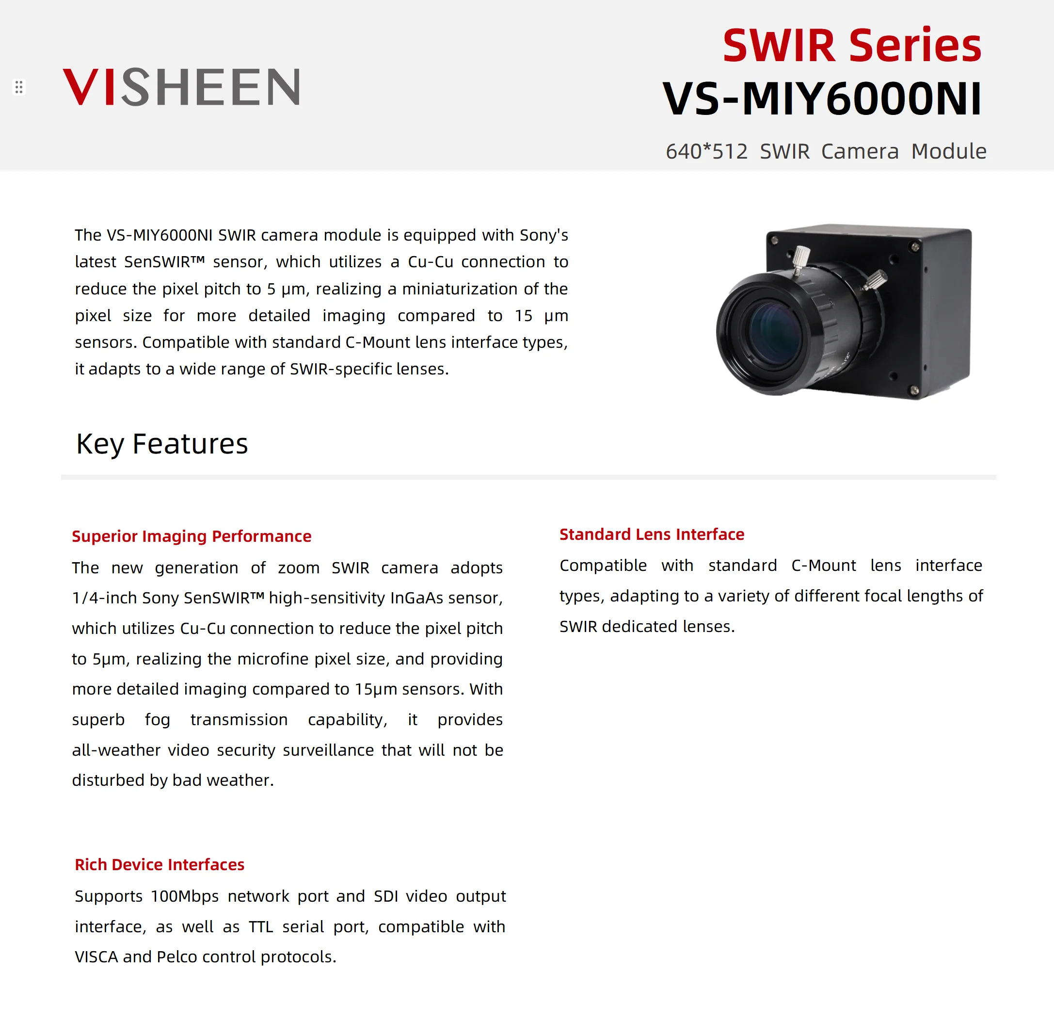 View Sheen 25mm SWIR Network Camera Modules with Sony Sensor