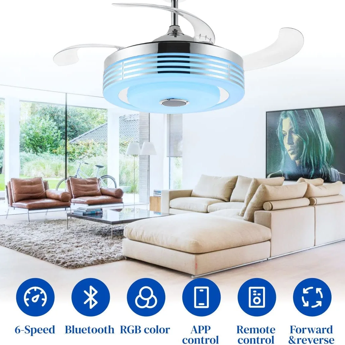 Modern Chandelier Ceiling Fan Light RGB Color Dimmable Retractable ...