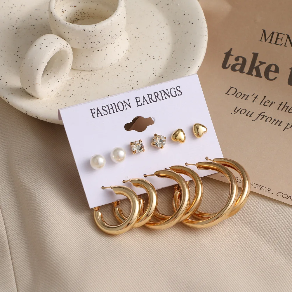 6-piece Set Fashion Gold Pearl Ladies Earring Set Geometric Pearl ...