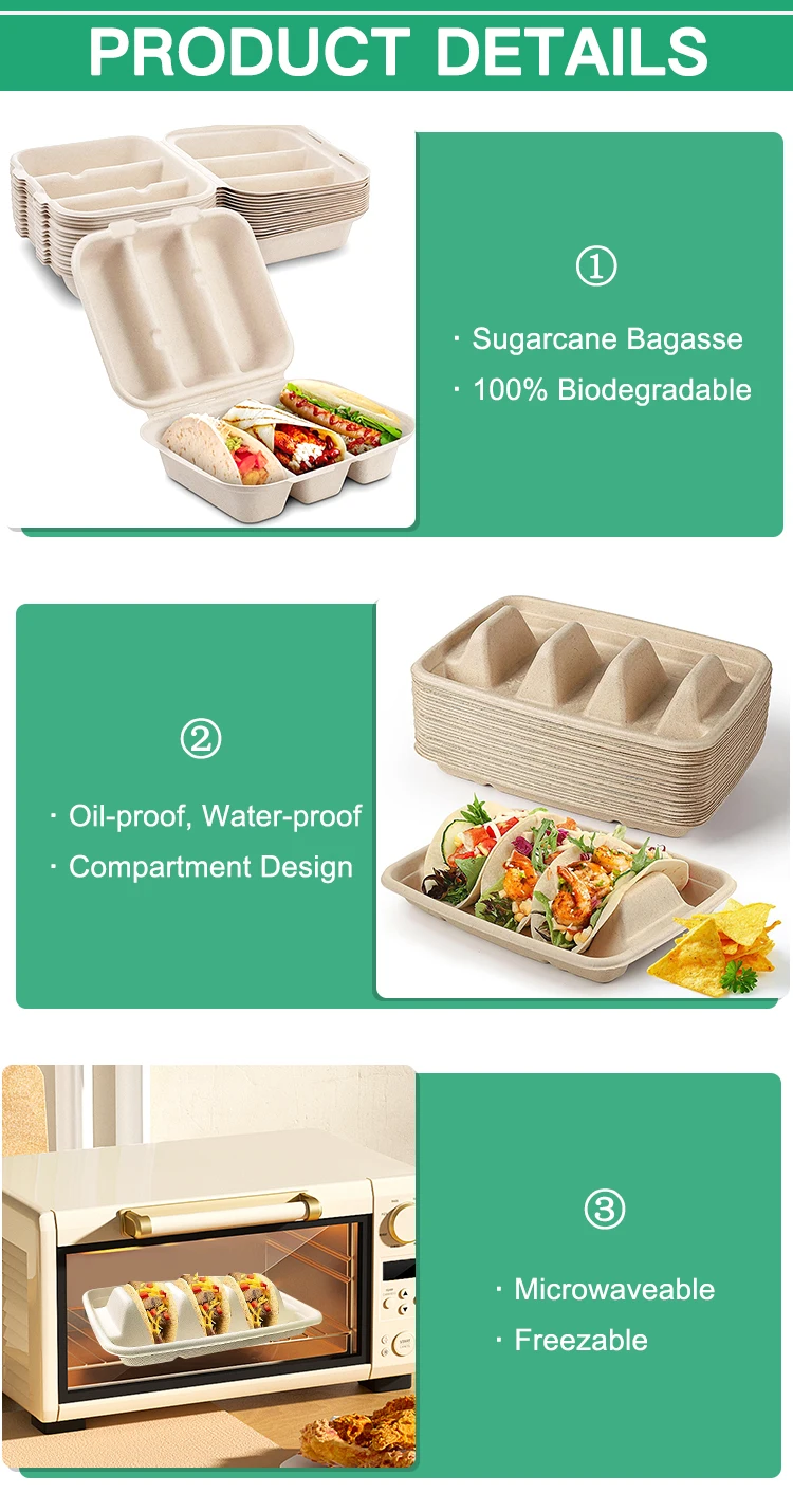 Biodegradable Sugarcane Bagasse Pulp Packing Containers Disposable Taco ...