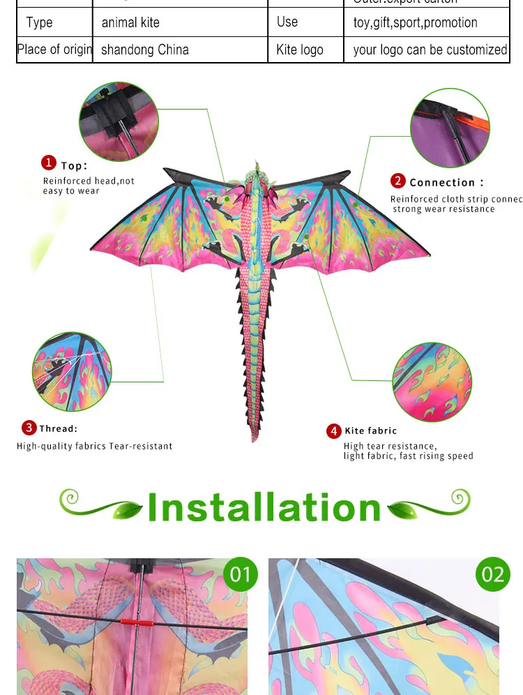 Wholesale Easy Flying Custom Printed Nylon 3D Dragon Kites