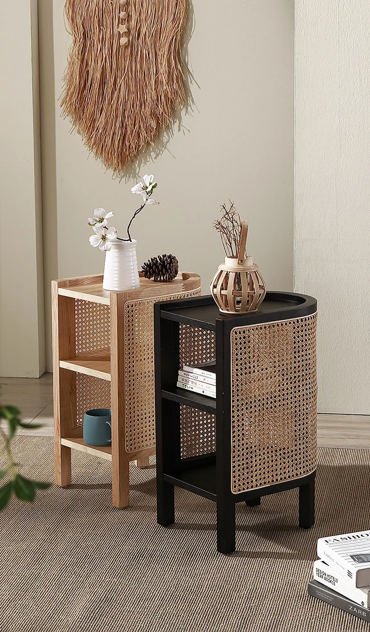 Japanese Style Solid Wood Rattan Bedside Table and Side Cabinet Locker