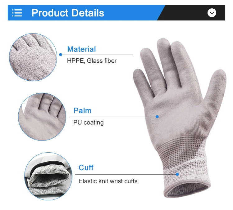 En388 4543 Safety Gloves - Level 3 Cut Resistant PU Coated