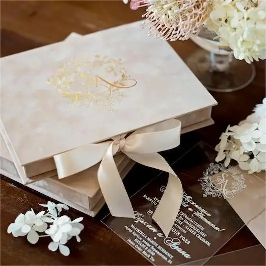 Customized Beige Box Velvet Wedding Invitations Wholesale Elegant Silk ...