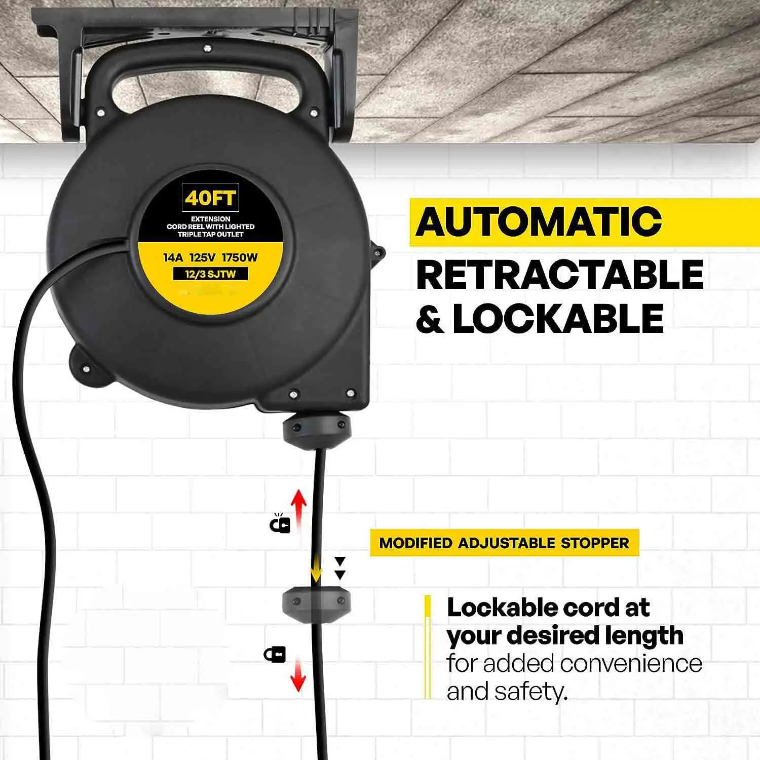 Retractable Extension Cord Reel with Light Indicator - 40 FT