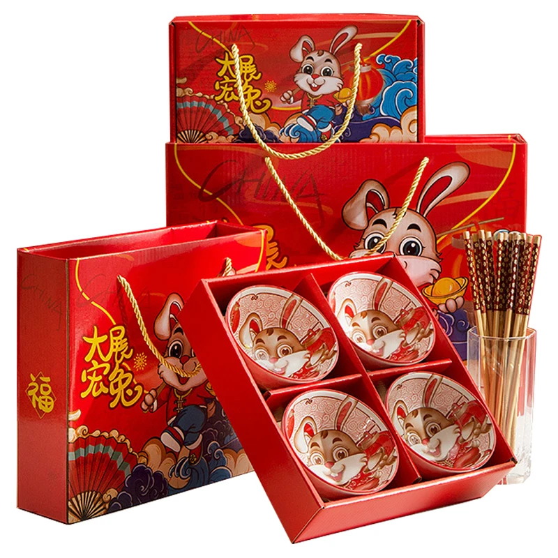 Chinese Style Ceramic Tableware Rabbit Bowls And Chopsticks Set New ...