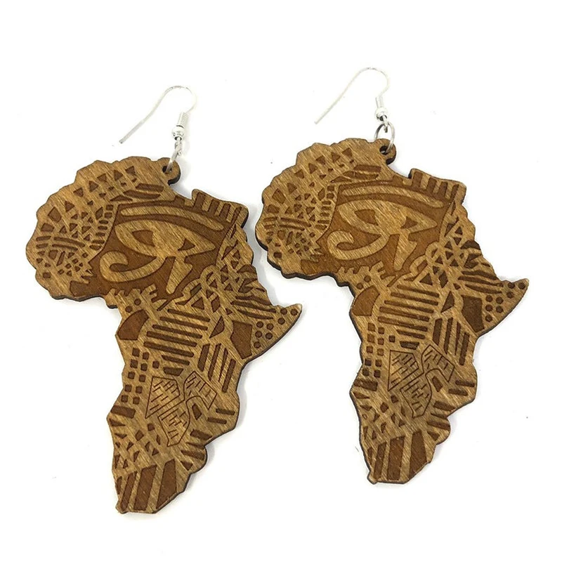 African Brown Wood Africa Map Earring Tribal Engraved Tropical Wooden ...