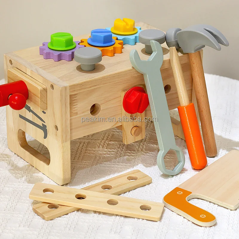 Kids Wooden Toolbox Pretend Play Set Educational Montessori Toys Nut ...