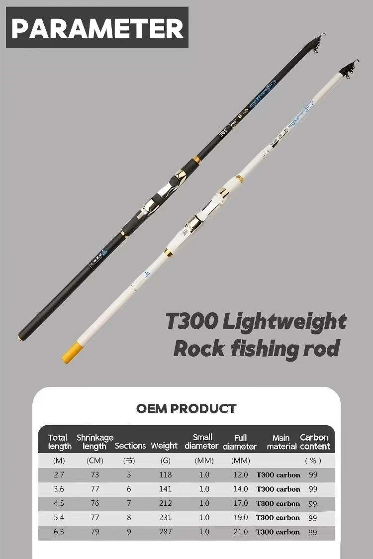 T300 All Carbon Fiber Rock Fishing Rod 2.7m-6.3m Telescopic Sea ...
