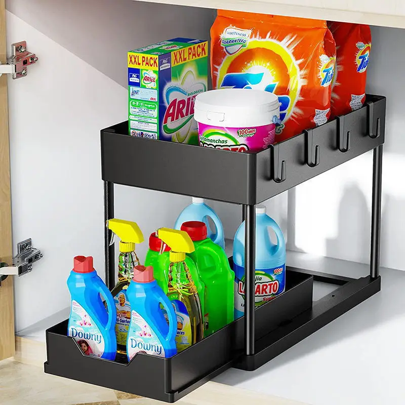 2 Tier Pull Out Plastic Slide Shelf - Black & Retractable