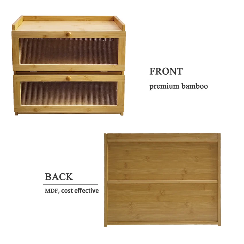 Large Double-Layer Bamboo Bread Box Metal Hinges Magnet Door Glass ...