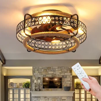 Flush Mount Industrial Rattan Style Bladeless Fandelier With Remote ...