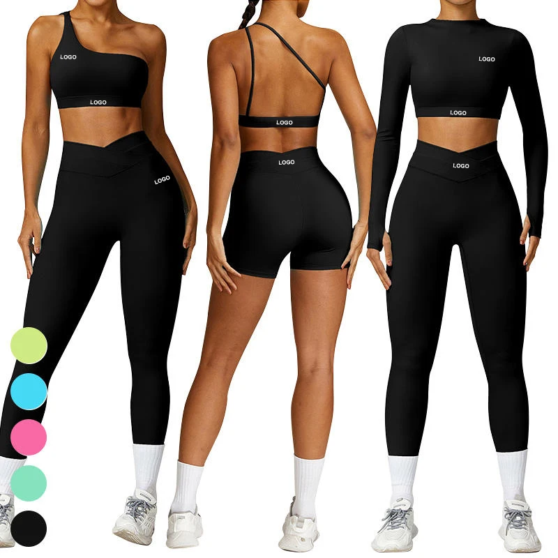 OEM New Activewear Women Gym set One Shoulder Bra Long Sleeve 4pcs Yoga ...