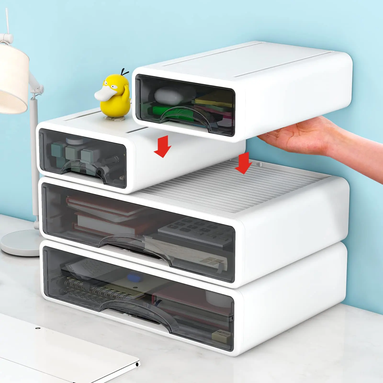 White Plastic Desktop Storage Box - Stackable & Sustainable