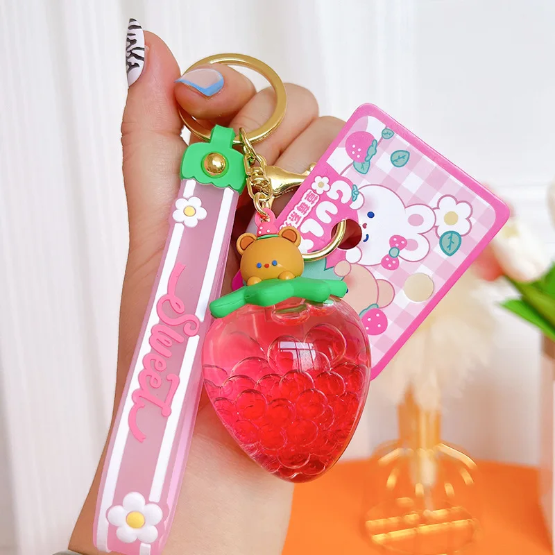 New Cute Acrylic Keyring Cartoon Keychain Ring Oil Floating Strawberry ...